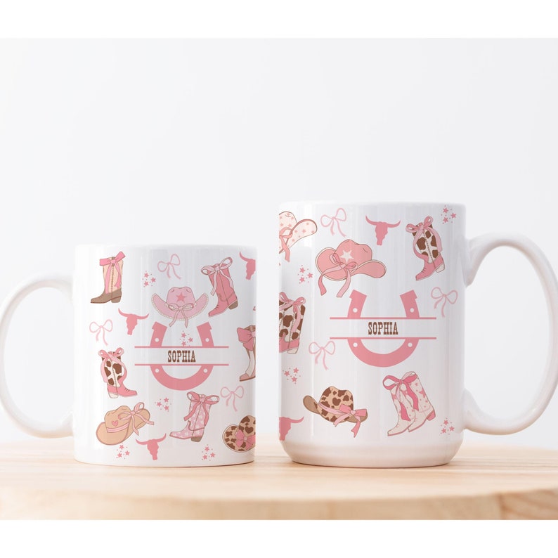 Personalized Pink Cowgirl Mug, Custom Name Cowboy Boots Coquette Bow ...