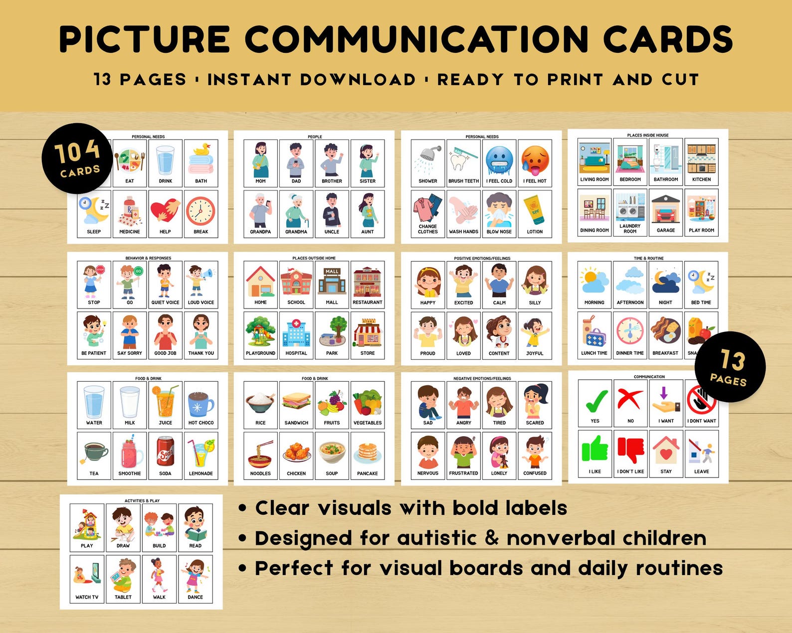 104 Printable Picture Communication Cards, Nonverbal Visual Aid ...