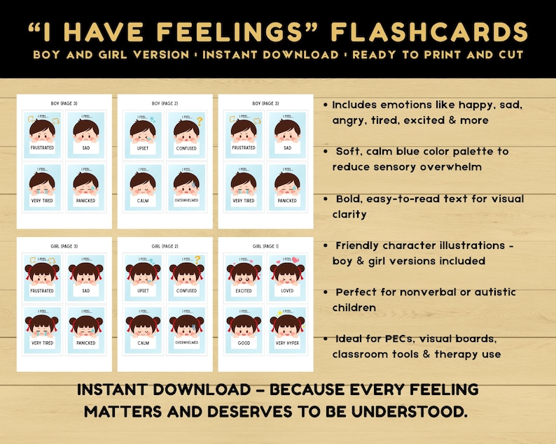 Printable “I Feel” Emotion Cards for Autism – Boy & Girl Pecs Flashcard ...