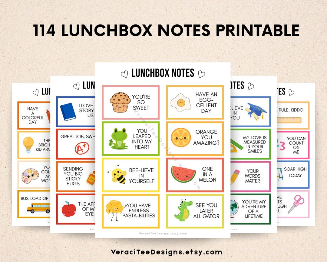 Lunch Box Notes Printable for Kids, Encouraging & Cute Lunch Notes ...