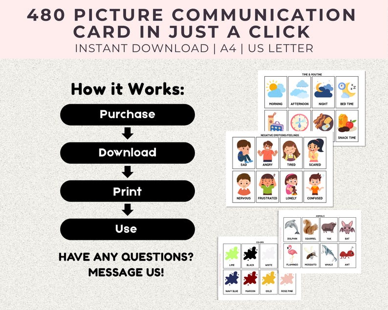 480 Printable Picture Communication Cards, Nonverbal Visual Aid ...