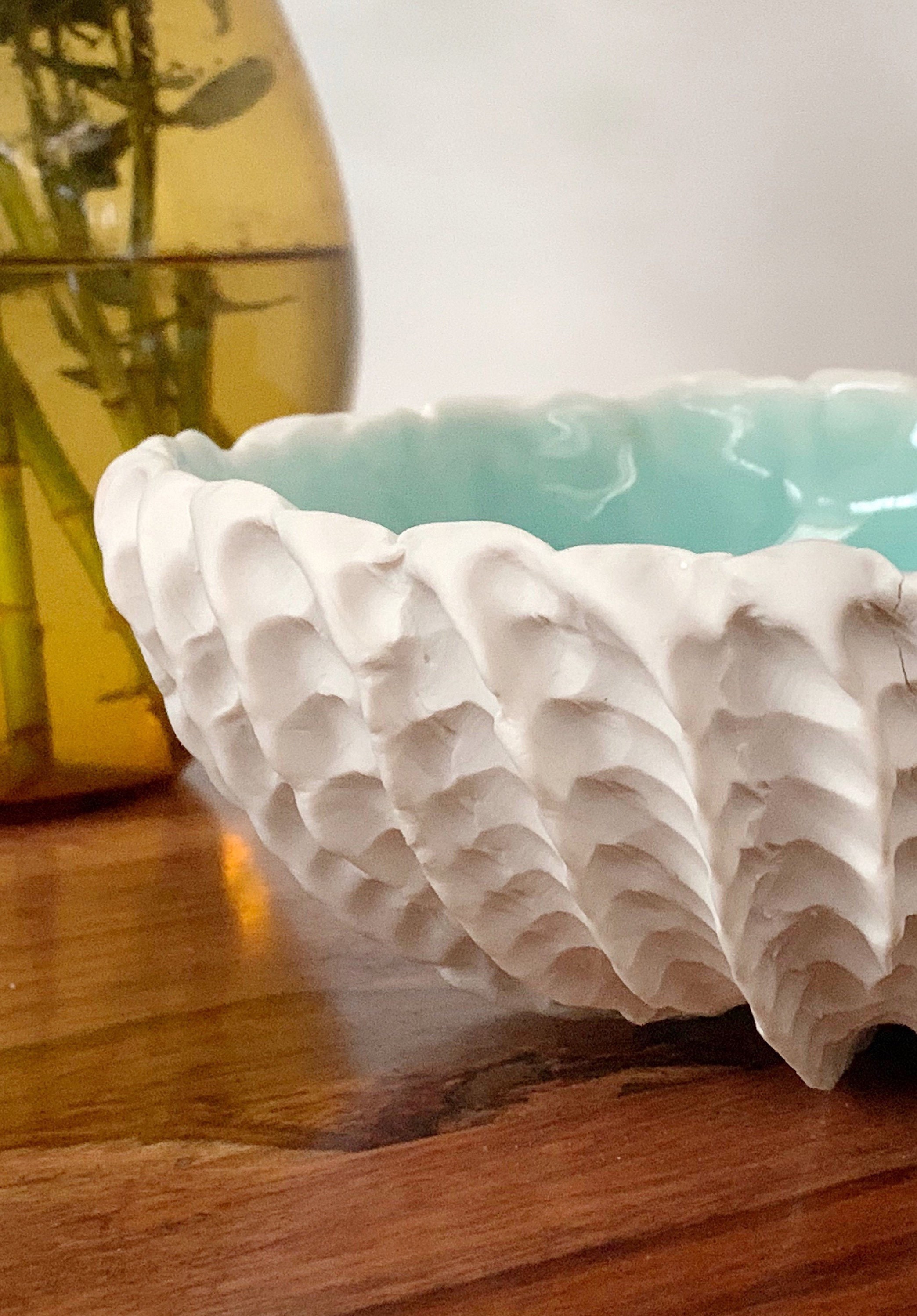 Medium Copper Blue Scallop Bowl Aqua Porcelain Bowl White | Etsy