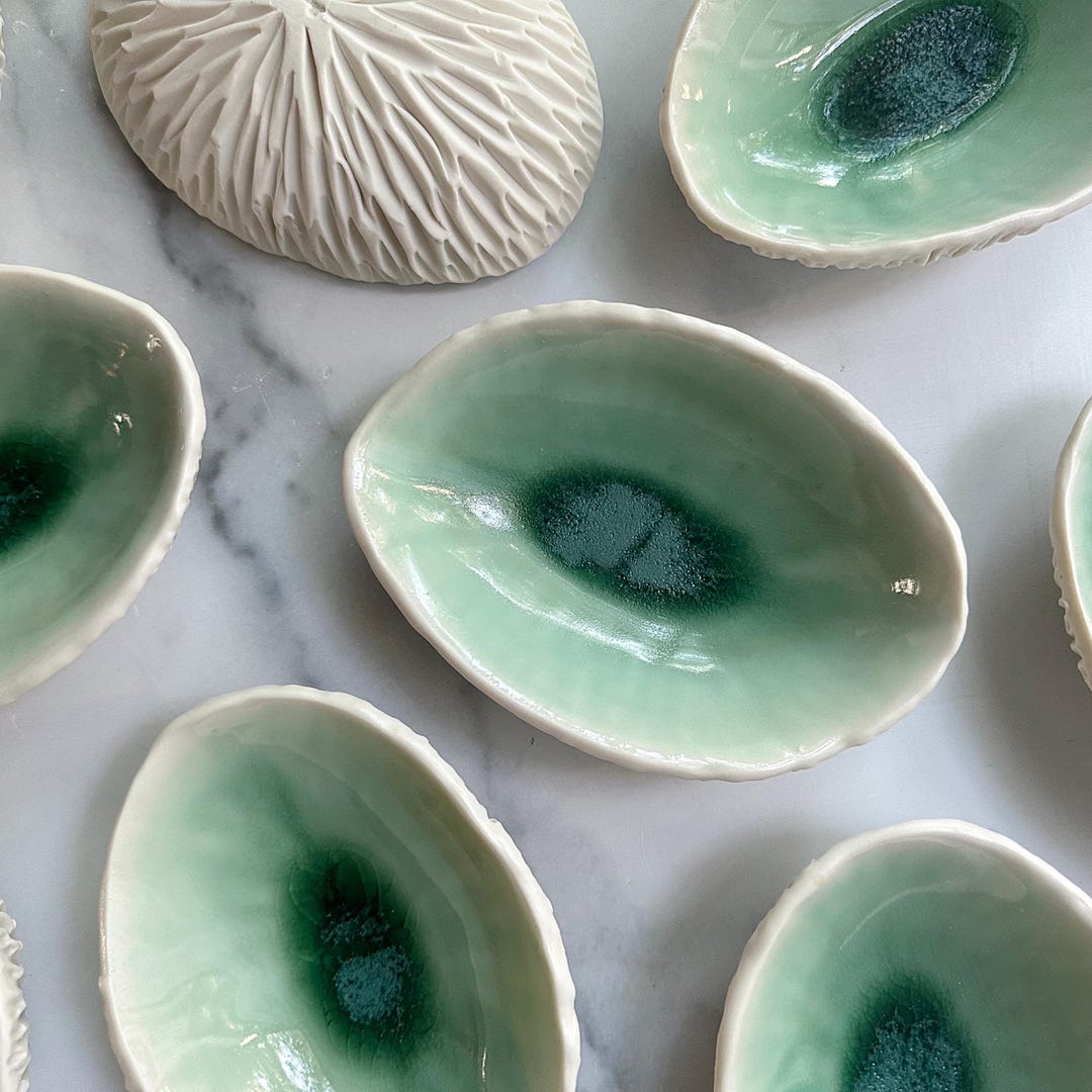 Jade Green Oval Geode Bowl - Ring Dish - Handmade Ceramic Decorative ...