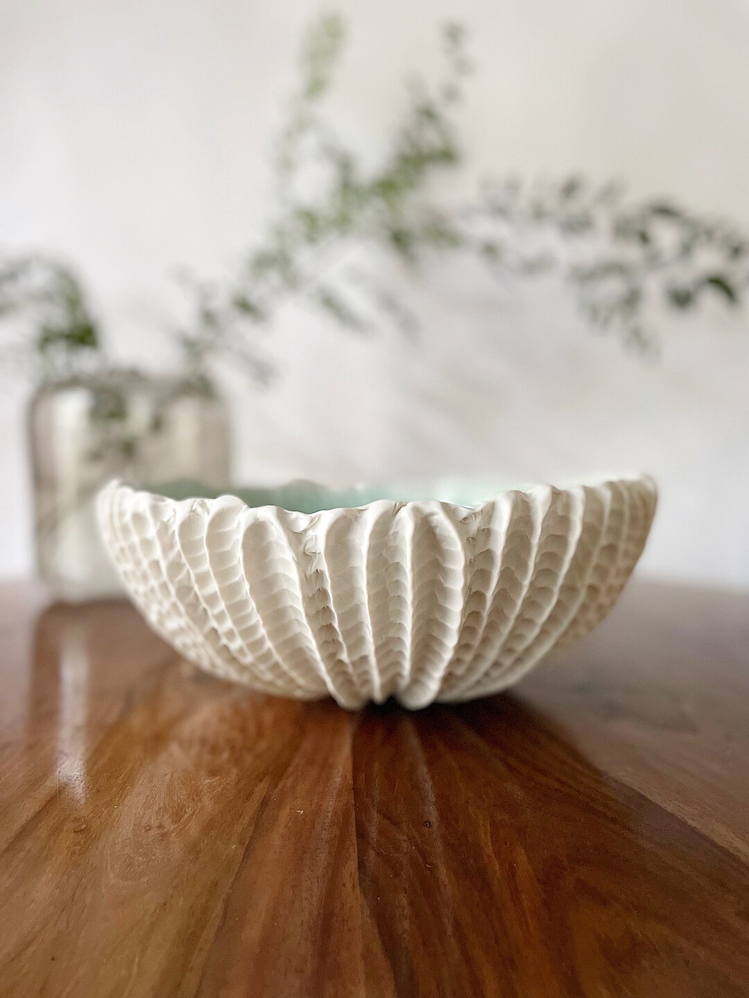 Extra Large Copper Blue Scallop Bowl Large Ceramic Bowl, Blue White ...