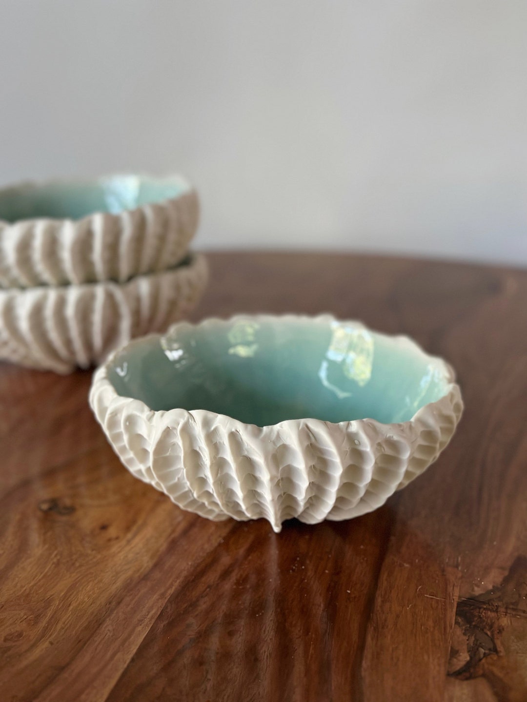 Medium Copper Blue Scallop Bowl Aqua Blue White Porcelain Bowl Ceramic ...