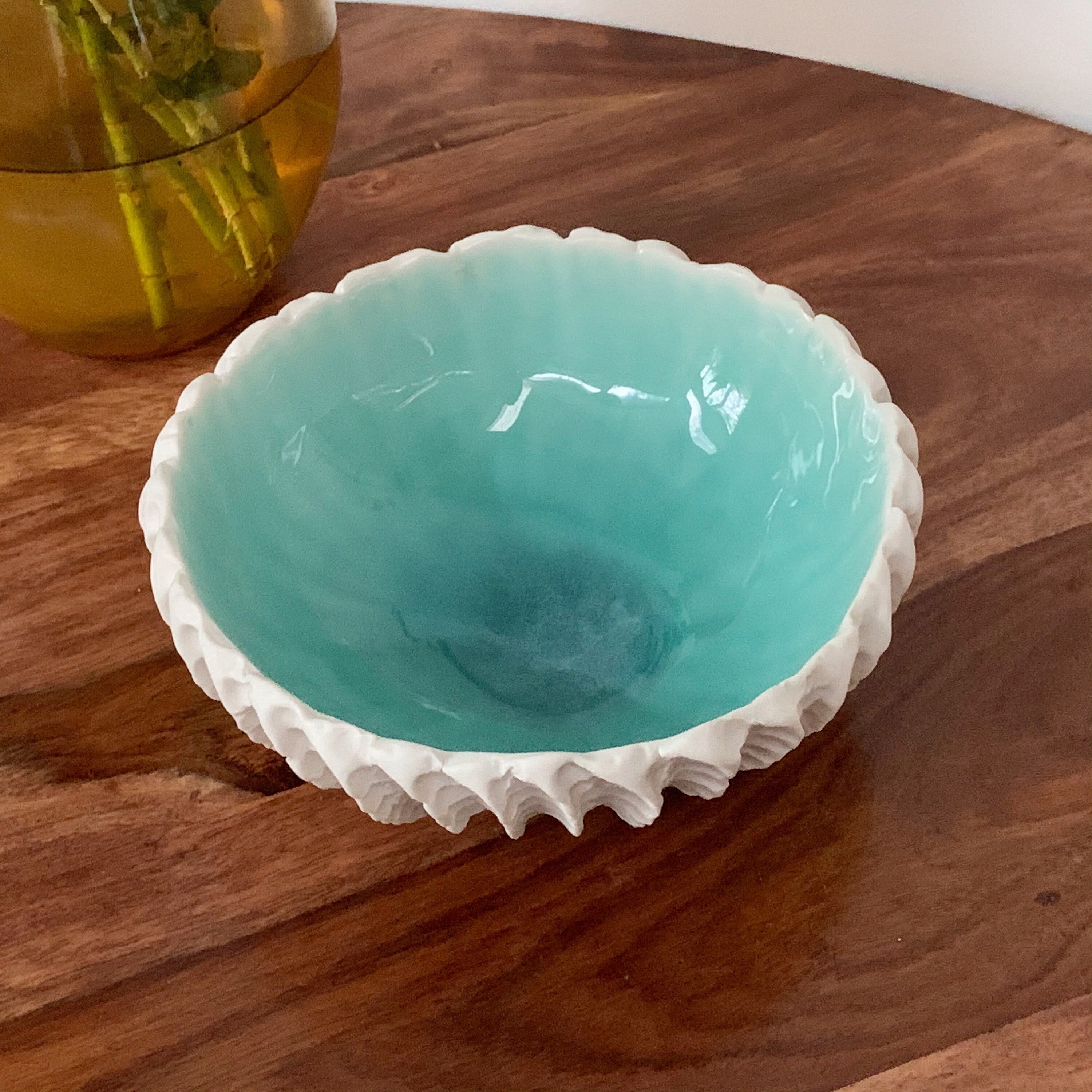 Medium Copper Blue Scallop Bowl Aqua Porcelain Bowl White | Etsy