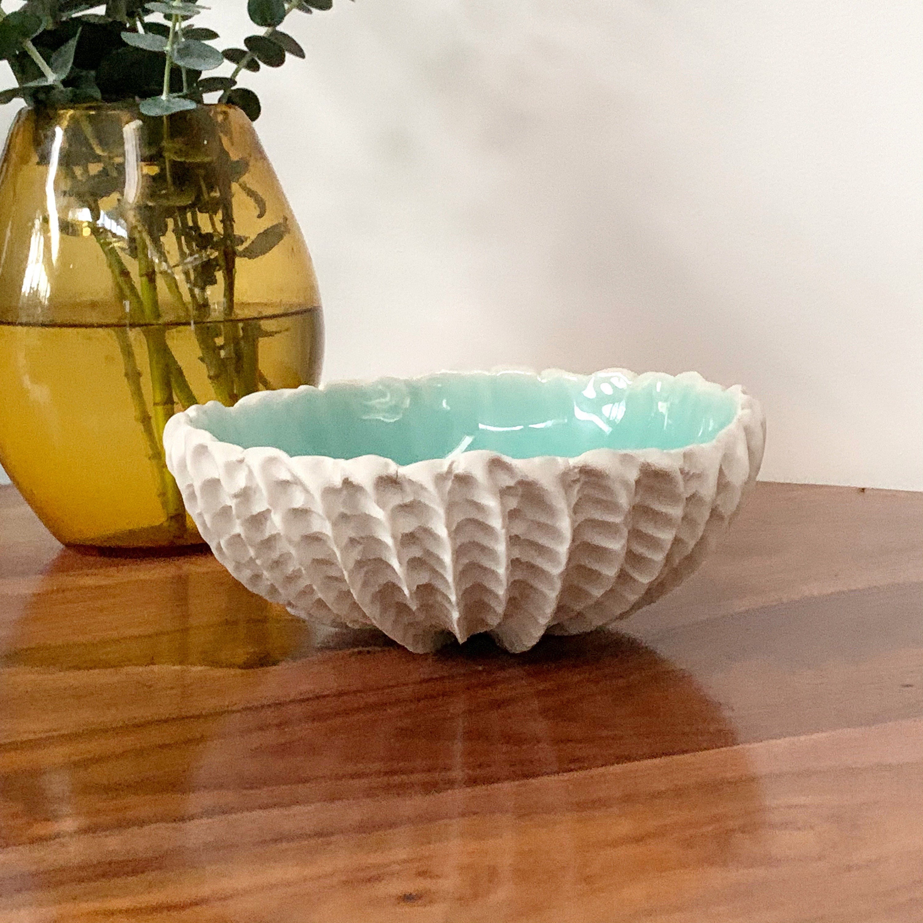 Medium Copper Blue Scallop Bowl Aqua Porcelain Bowl White | Etsy