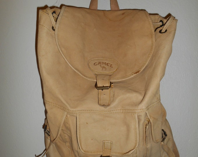 JOE CAMEL Vintage Tan Brown LEATHER Backpack Tote Rucksack Back Pack ...