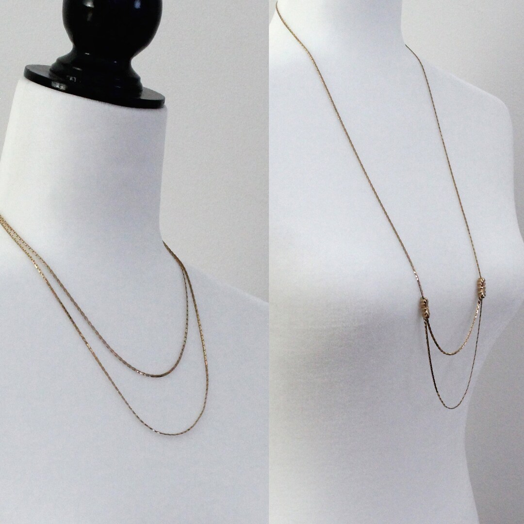 Gold Tone Adjustable Necklace, Vintage Golden Thin Chain Necklace, Flat ...
