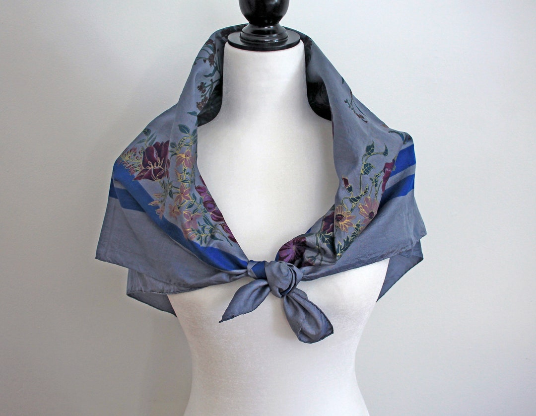 Grey Blue Floral Scarf Beautiful Colors Large Vintage Garden - Etsy