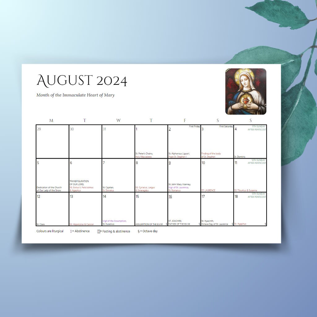 Printable Traditional Catholic Calendar August 2024, Pope Pius X Pre ...