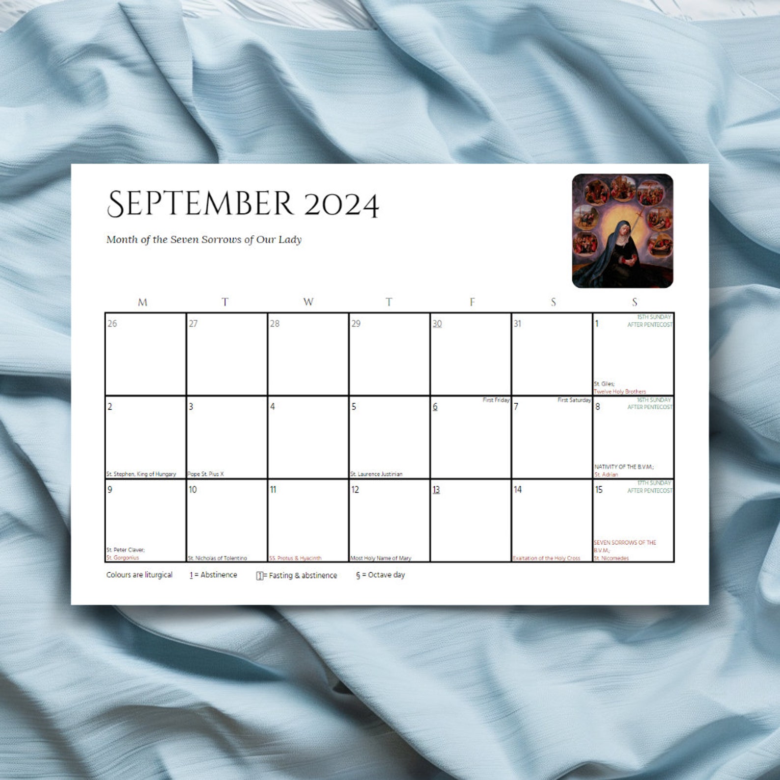 Printable Traditional Catholic Calendar September 2024, Pope Pius X Pre ...