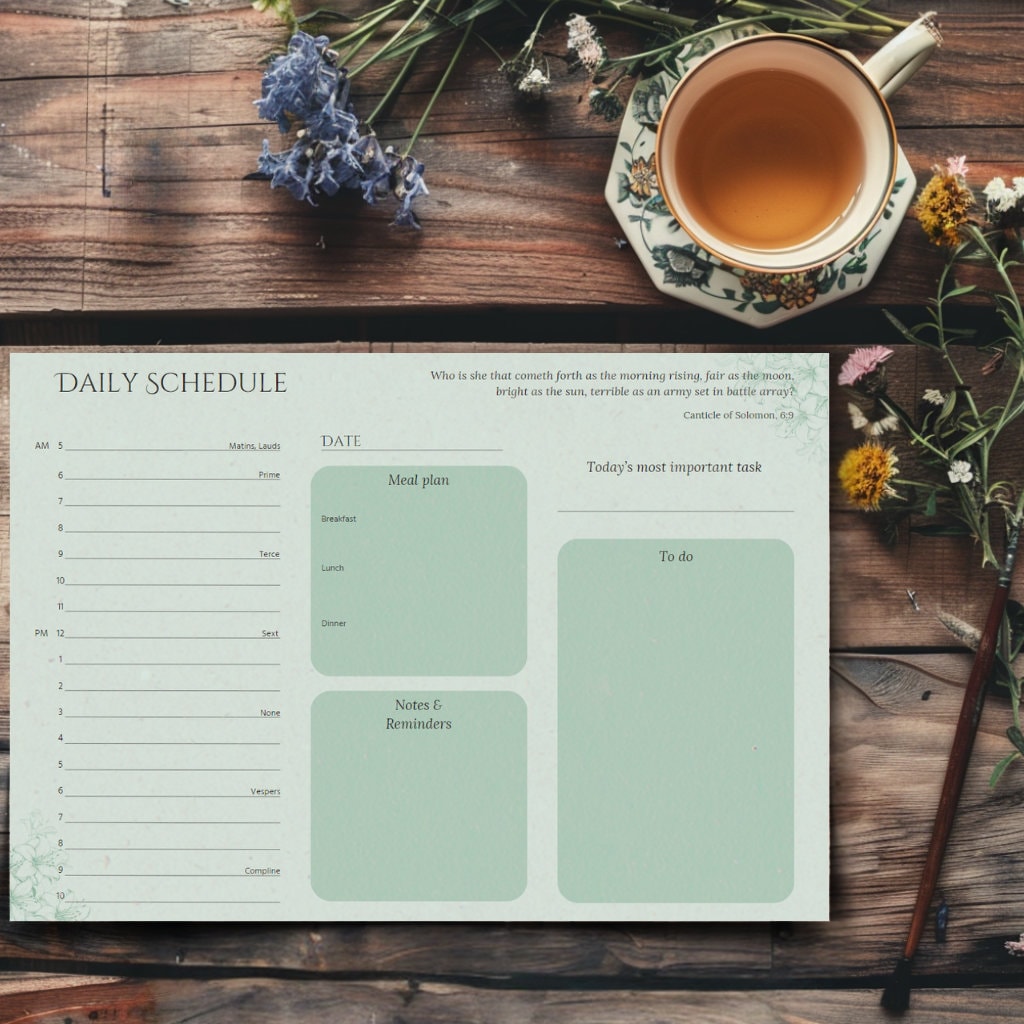 Printable Catholic Daily Schedule Planner, Journal Organiser in Green ...