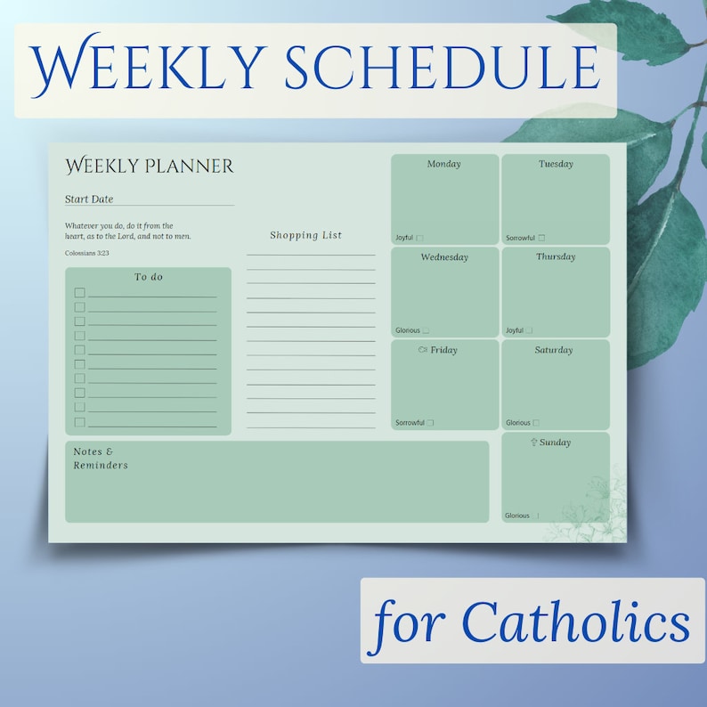 Printable Catholic Weekly Schedule Planner, Journal Organiser in Green ...