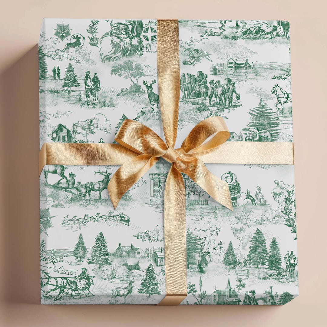 Green Toile Vintage Christmas Toile Wrapping Paper Gift Wrap Retro ...