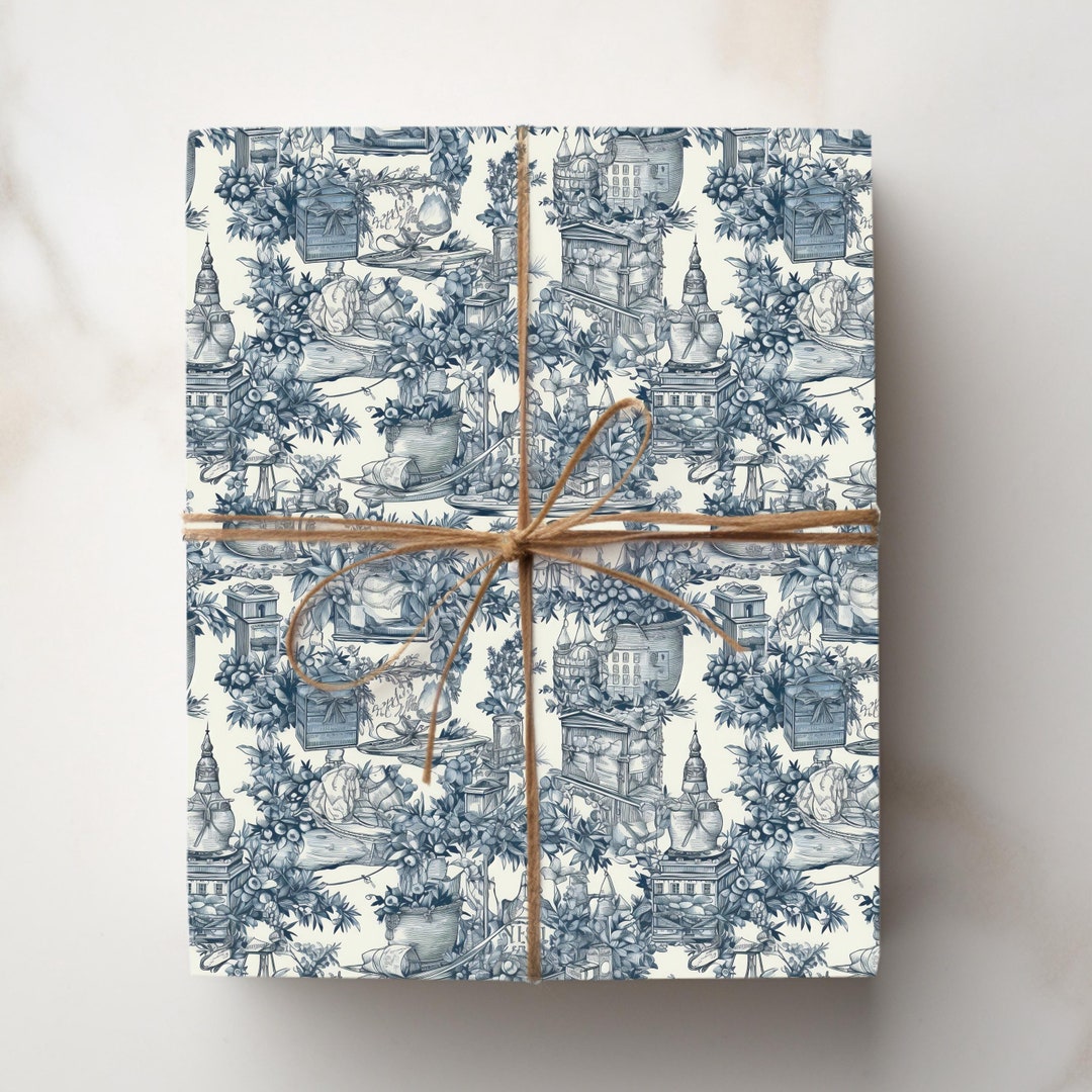 Blue Toile Vintage Christmas Toile Wrapping Paper Gift Wrap Retro ...