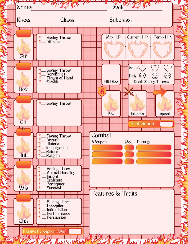 Custom Fire Themed Fillable D&D 5e Character Sheet - Etsy