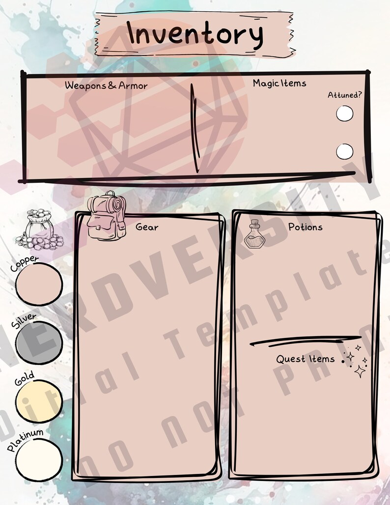 Custom Watercolor Doodle D&D 5e Printable and Fillable Character Sheet PDF [printer Friendly ...