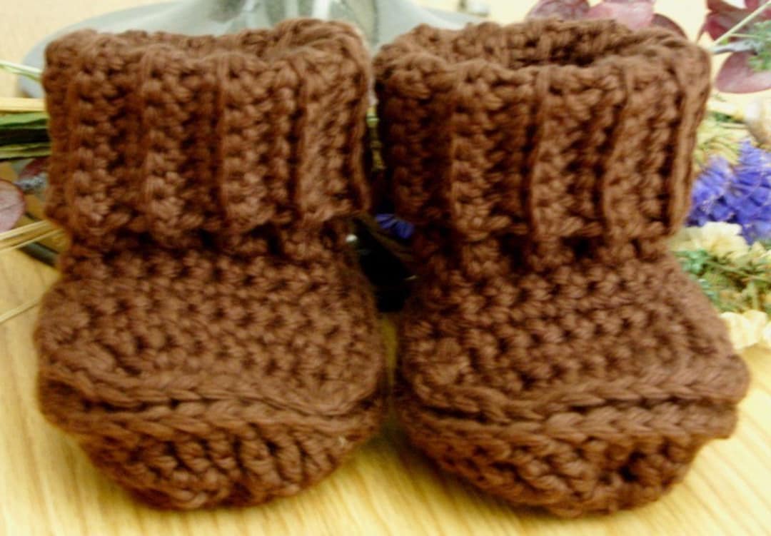 Brown Cotton Baby Booties - Brown Cotton Crib Shoes - Ribbed Cuff Baby ...