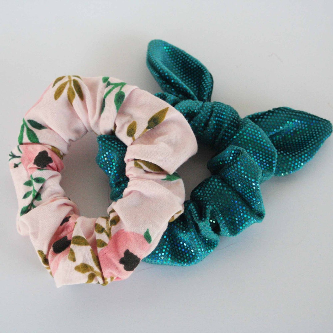 Pink Floral and Turquoise Shimmer Velvet Scrunchie Pack, Bow Scrunchies ...