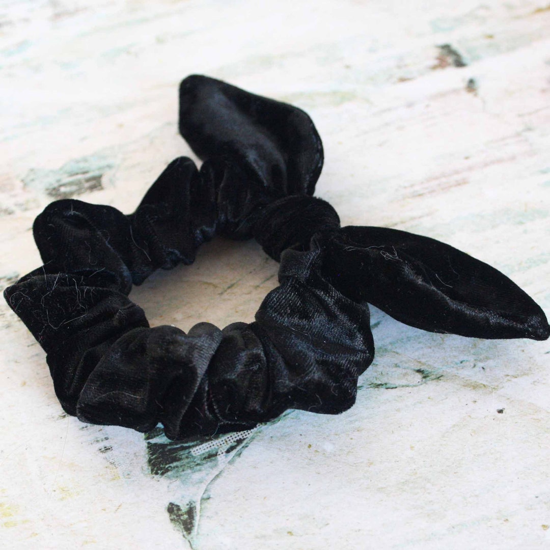 Black Stretch Velour Scrunchie With Bow Hair Tie, Velvet Scrunchie, Bow ...