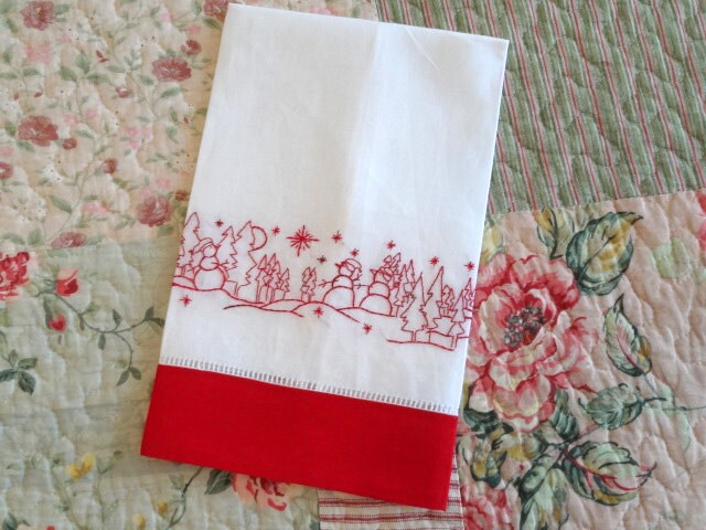 Redwork Snowman Hand Embroidery Linen Tea Towel Kit - Etsy