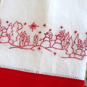 Redwork Snowman Hand Embroidery Linen Tea Towel Kit - Etsy