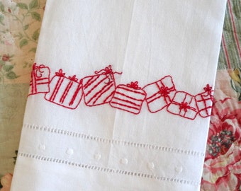 Redwork Snowman Hand Embroidery Linen Tea Towel Kit | Etsy