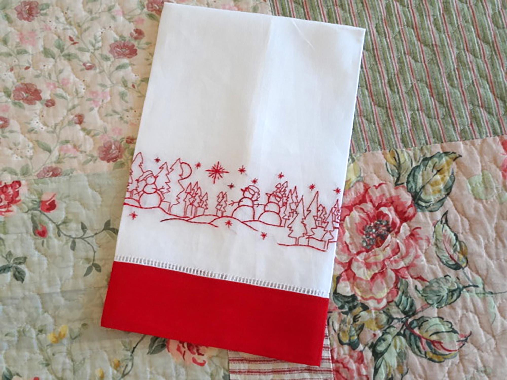 Redwork Snowman Hand Embroidery Linen Tea Towel Kit Winter Snow Forest ...