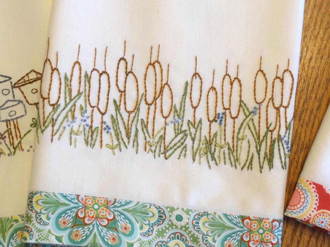 Redwork Hand Embroidery Kitchen Towels PDF Pattern Set Wheat | Etsy