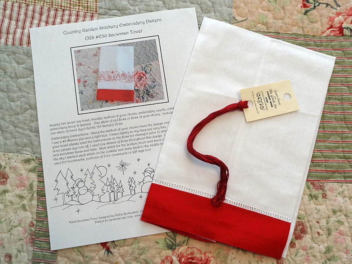 Redwork Snowman Hand Embroidery Linen Tea Towel Kit - Etsy