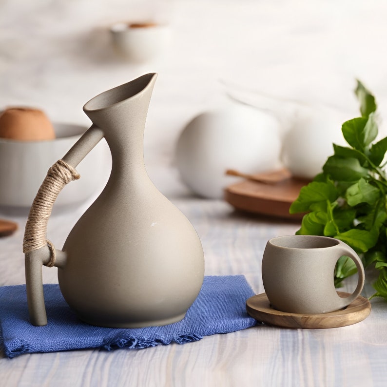 Pottery Kettle Set / Modern Ceramic Kettle With Cups and Natural Handle ...