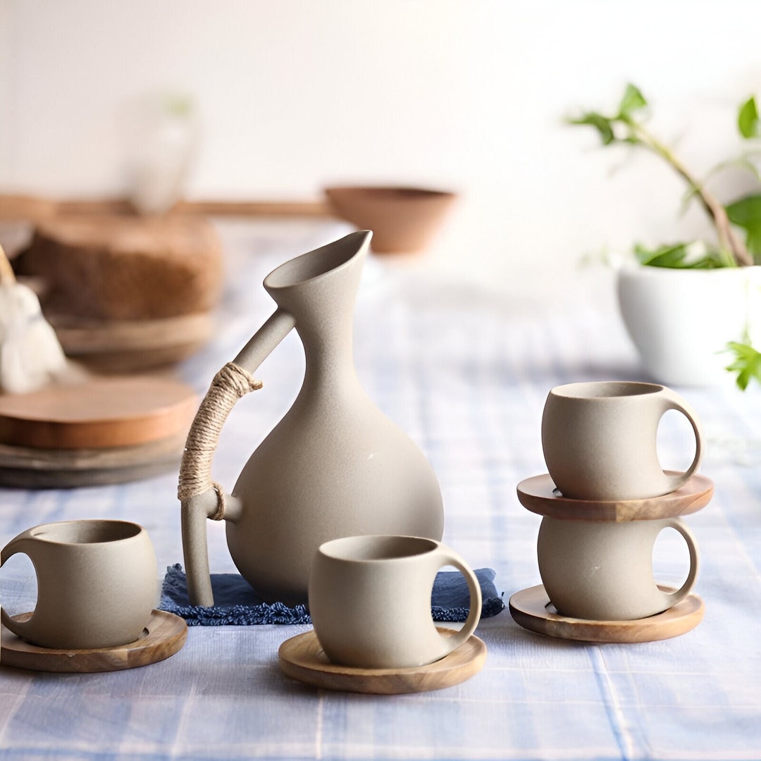 Pottery Kettle Set / Modern Ceramic Kettle With Cups and Natural Handle ...