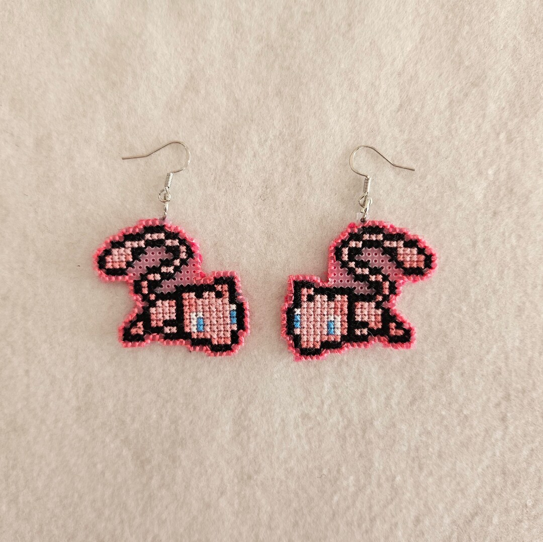 Mew Completed Cross Stitch Pokemon Earrings, 8-bit Pixel Art Sprite - Etsy