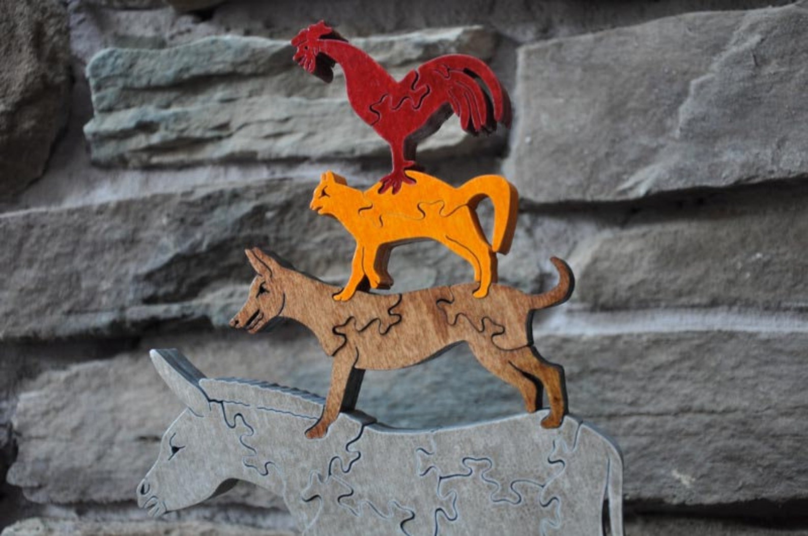 Town Musicians of Bremen Dog Cat Rooster Donkey Animal Puzzle Wooden ...