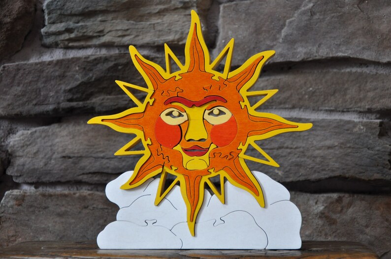 Summer Sun Face Solar Figurine Decor Hand Cut Wooden Puzzle | Etsy