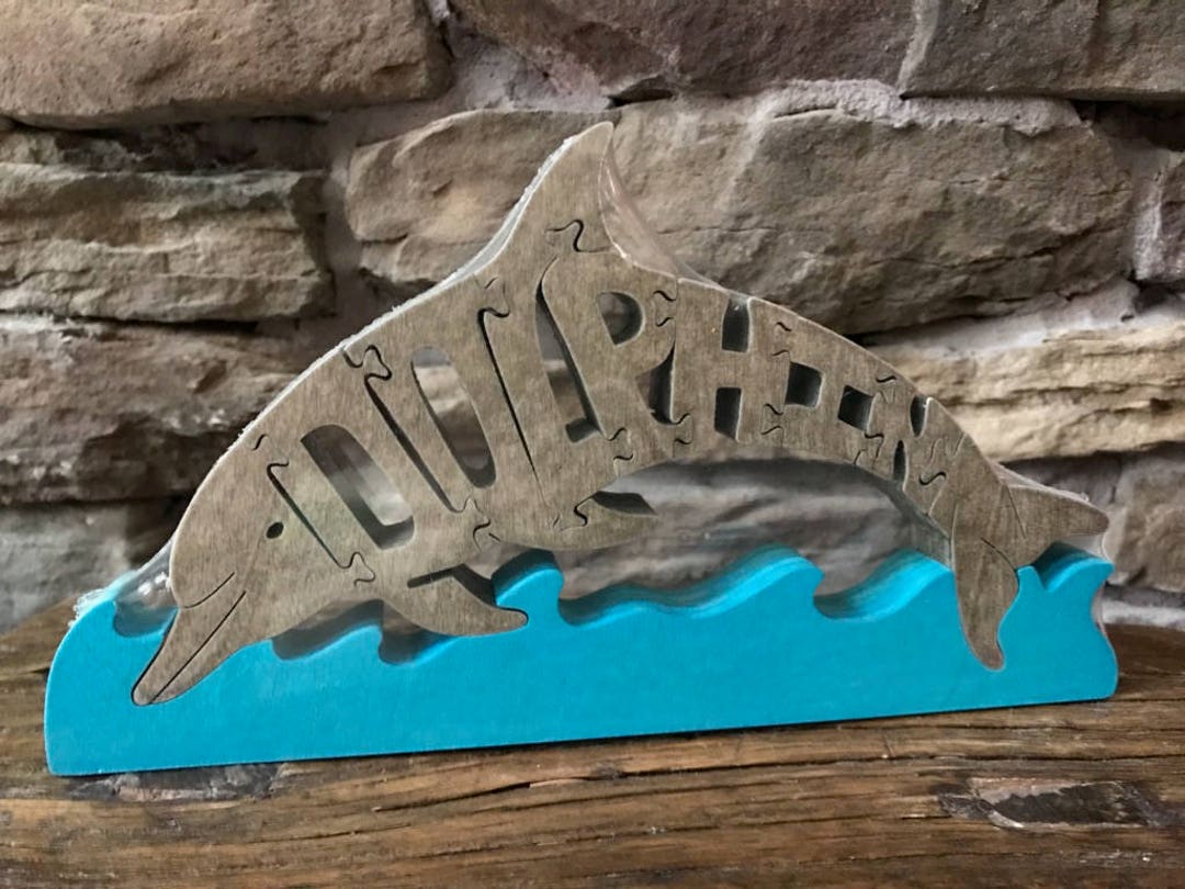 Dolphin Animal Puzzle Wooden Toy Hand Cut Figurine Art Ocean - Etsy