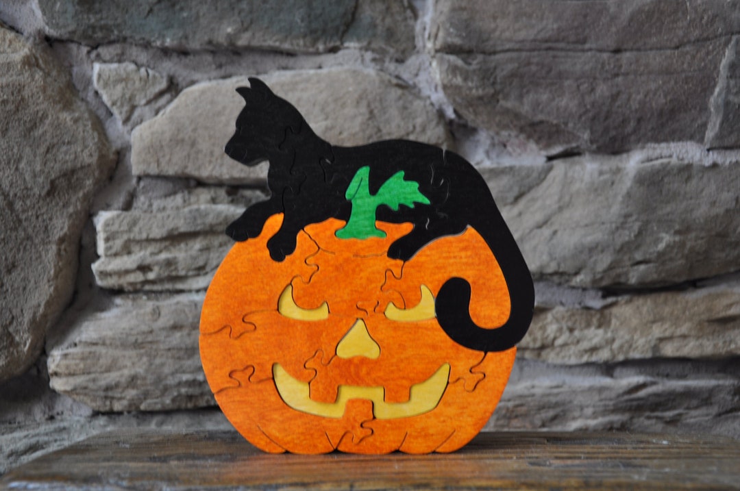 Jack O Lantern Pumpkin With Black Cat Halloween Fall Puzzle Wooden Toy ...