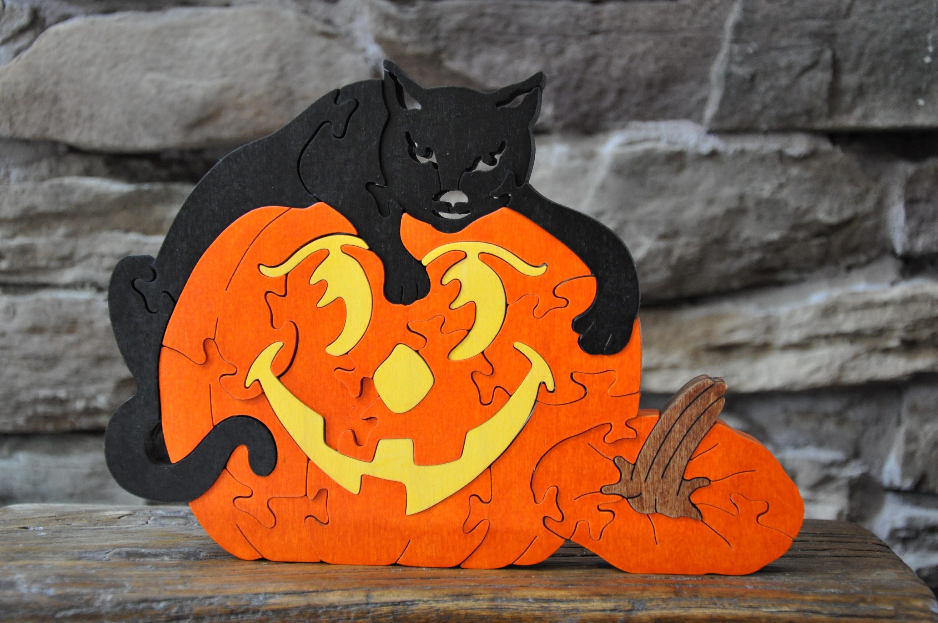 NEW Jack O Lantern Pumpkin With SPOOKY Black Cat Halloween Fall Puzzle ...