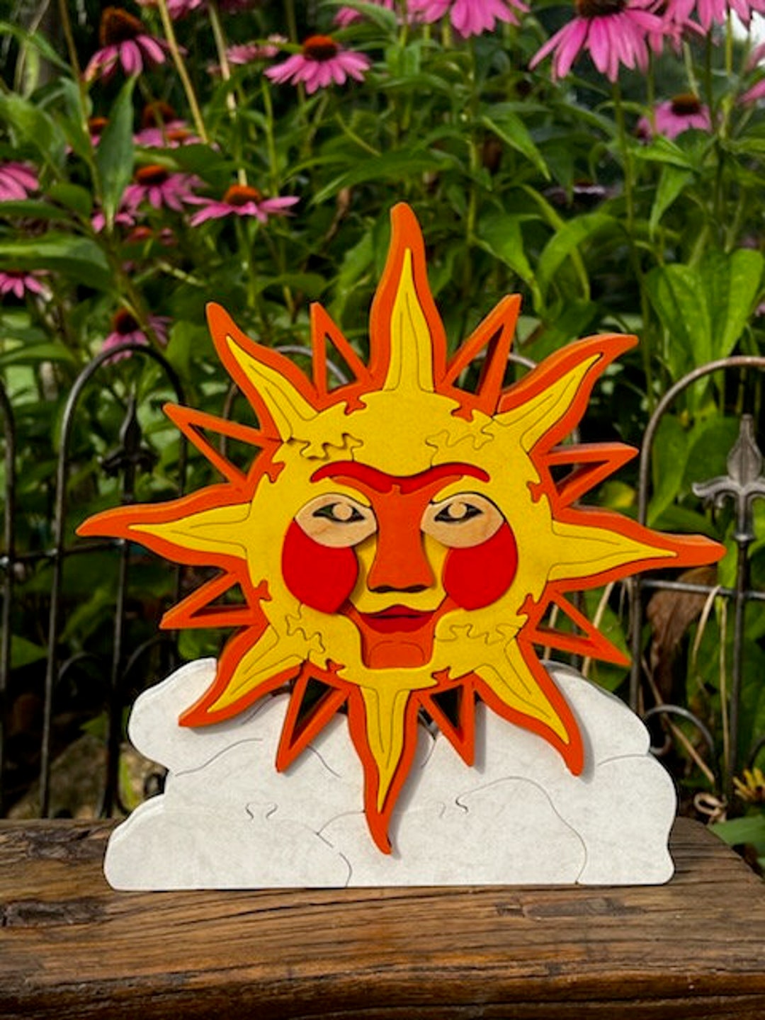 Summer Sun Face Solar Figurine Decor Hand Cut Wooden Puzzle Made in USA ...