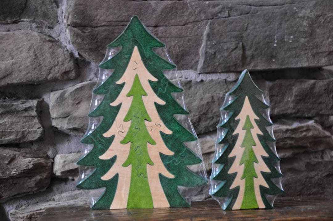 Set Pair Size Beautiful Natural Pine Christmas Trees Puzzles Wooden Toy ...