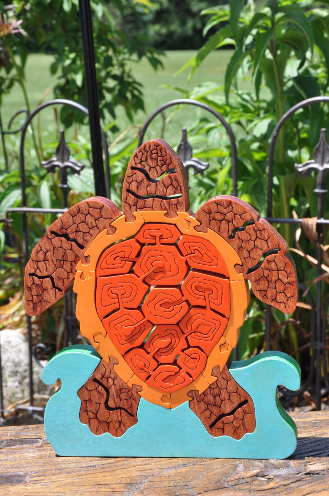 NEW Ornate Island Turtle Wooden Animal Puzzle Toy Hand Cut Figurine Art ...