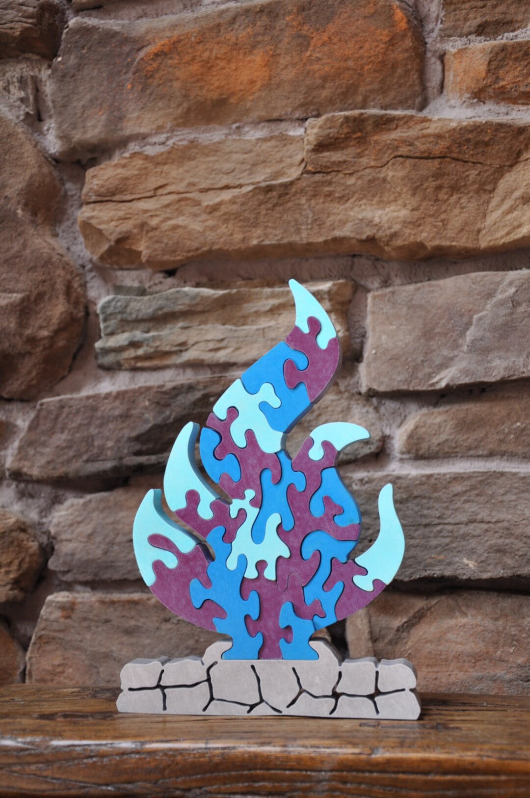 BLUE Campfire FUN Hand Cut Wooden Camping Fire Flame Challenge Puzzle ...
