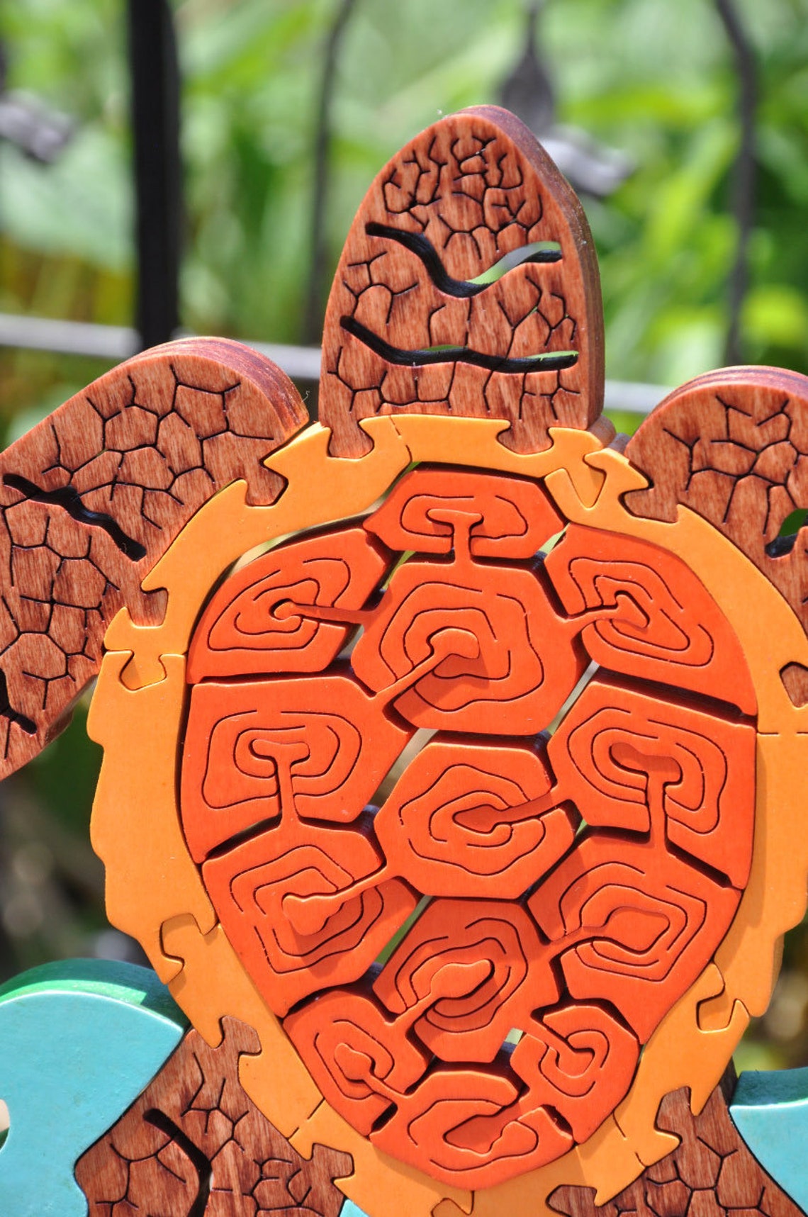 NEW Ornate Island Turtle Wooden Animal Puzzle Toy Hand Cut Figurine Art ...