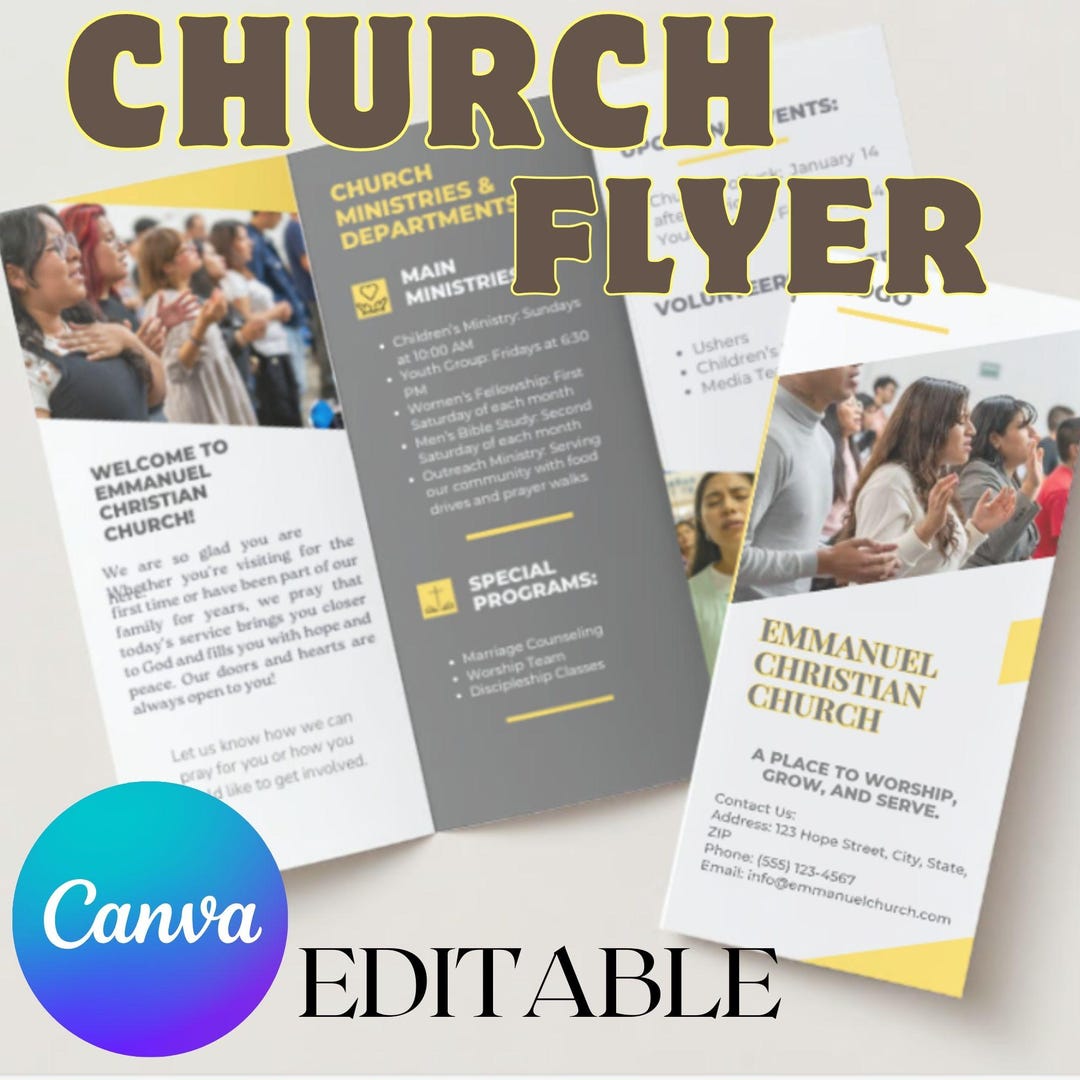Editable Trifold Church Service Brochure | Canva Program Flyer Template ...
