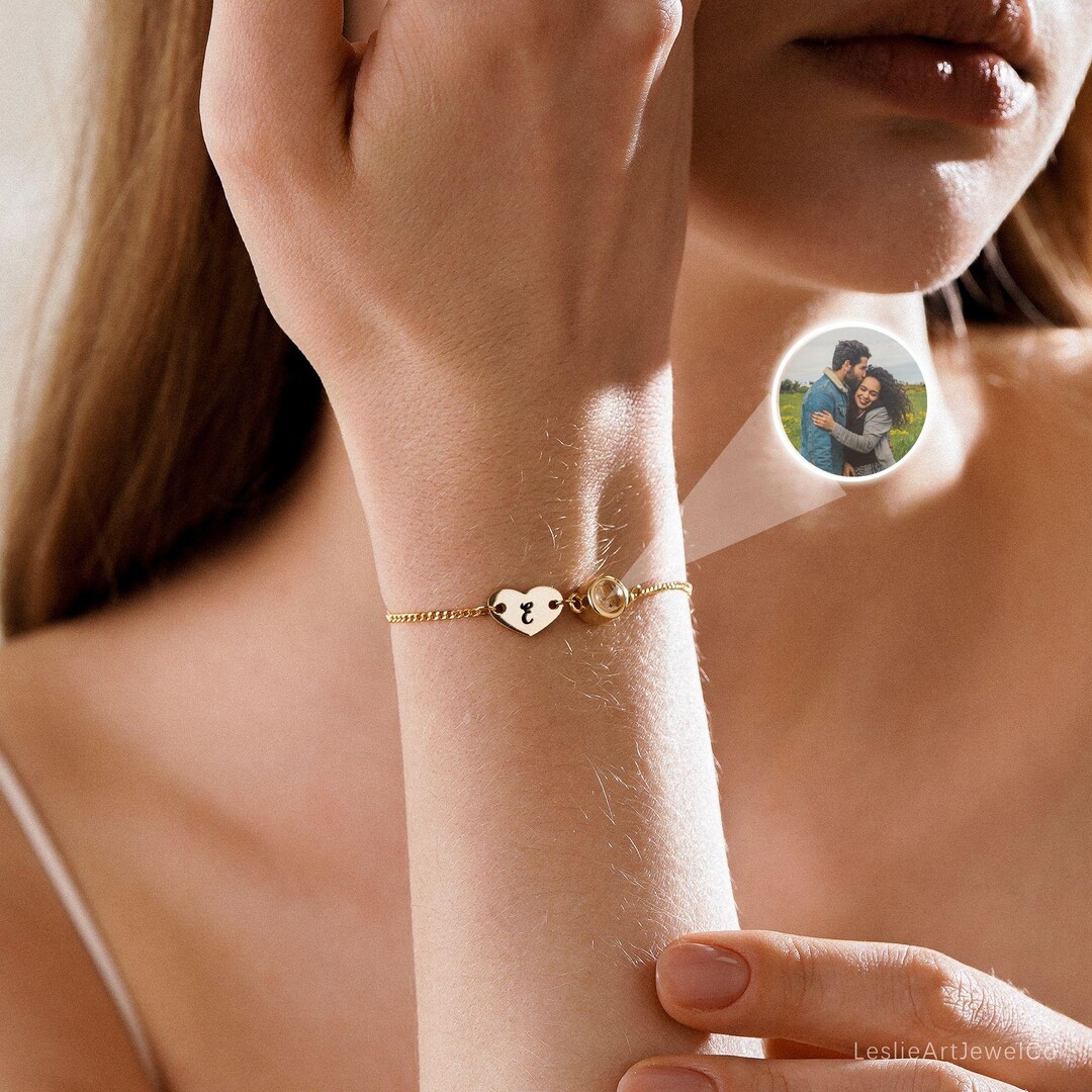 Custom Heart Charms Projection Bracelet, Custom Picture Initial Letter ...