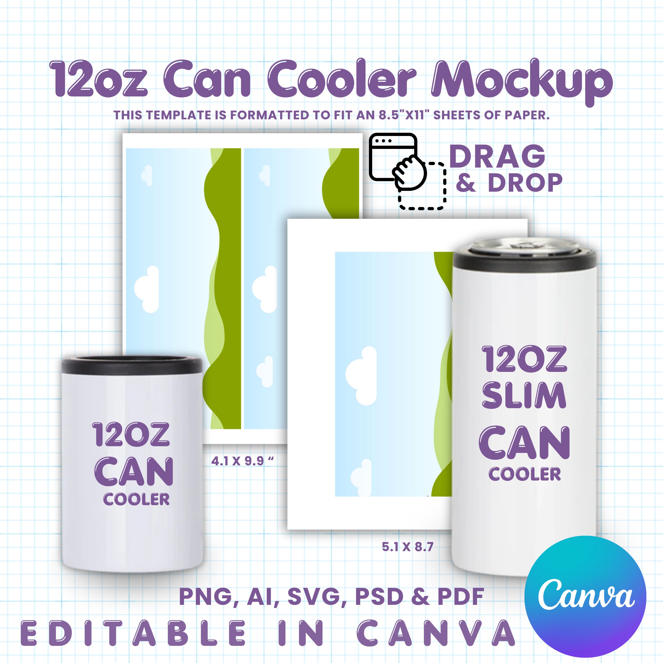 12oz Can Cooler Drag and Drop Canva Mockup, Can Cooler Template, Beer ...