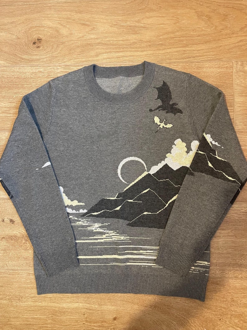 Dragon Scene Knitted Sweater, Dragon Rider Fantasy Knit Sweatshirt, Dnd ...