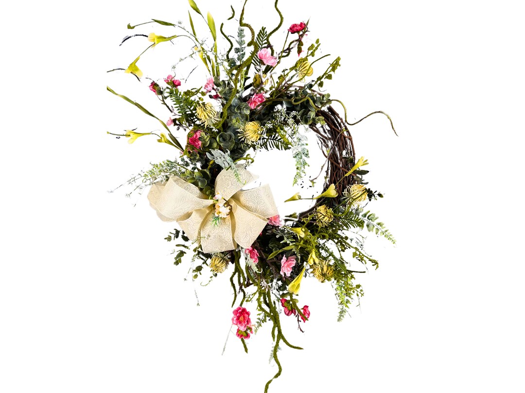 Handmade Spring Floral Wreath With Cream Embossed Bow, Rustic Grapevine ...