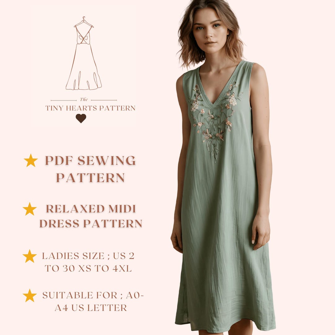 Relaxed Midi Dress Pattern, Women Dress Sewing Patterns, V-neck Tunic ...